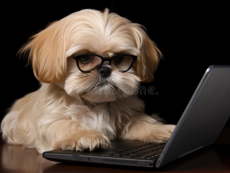 Cute Dog Working at Home Office on Computer Stock Illustration ...