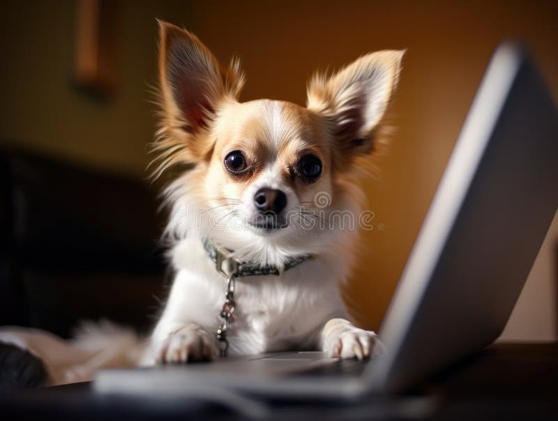 Cute Dog Working at Home Office on Computer Stock Illustration ...