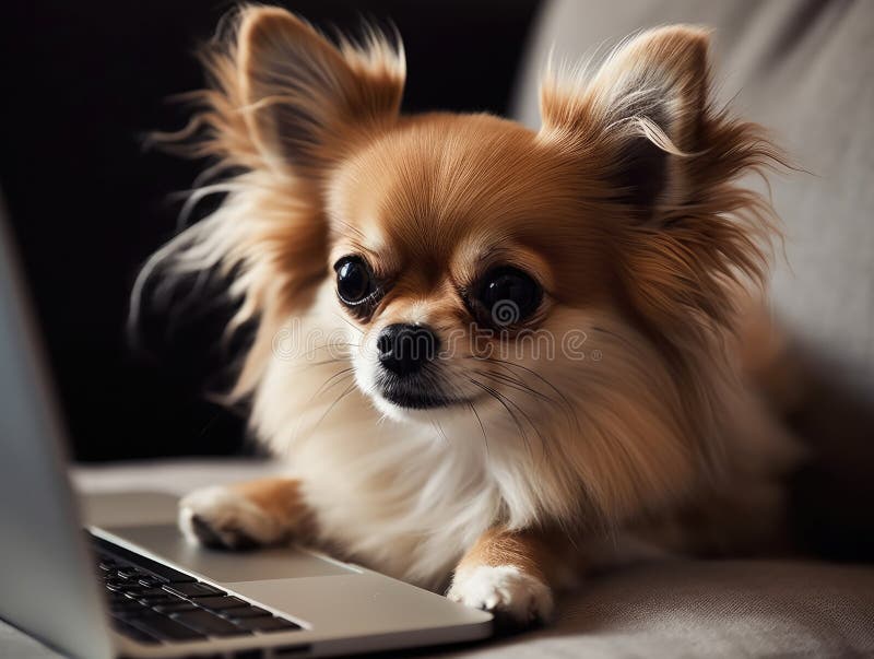 Cute Dog Working at Home Office on Computer Stock Illustration ...