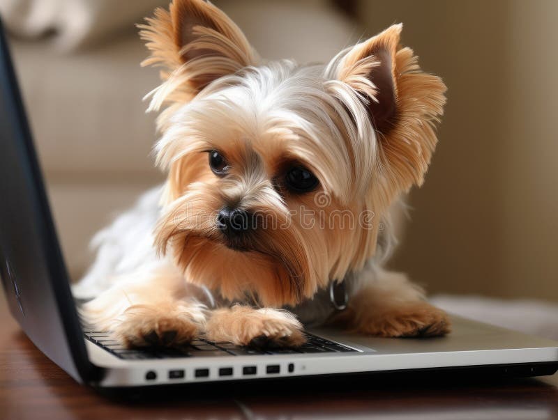 Cute Dog Working at Home Office on Computer Stock Illustration ...