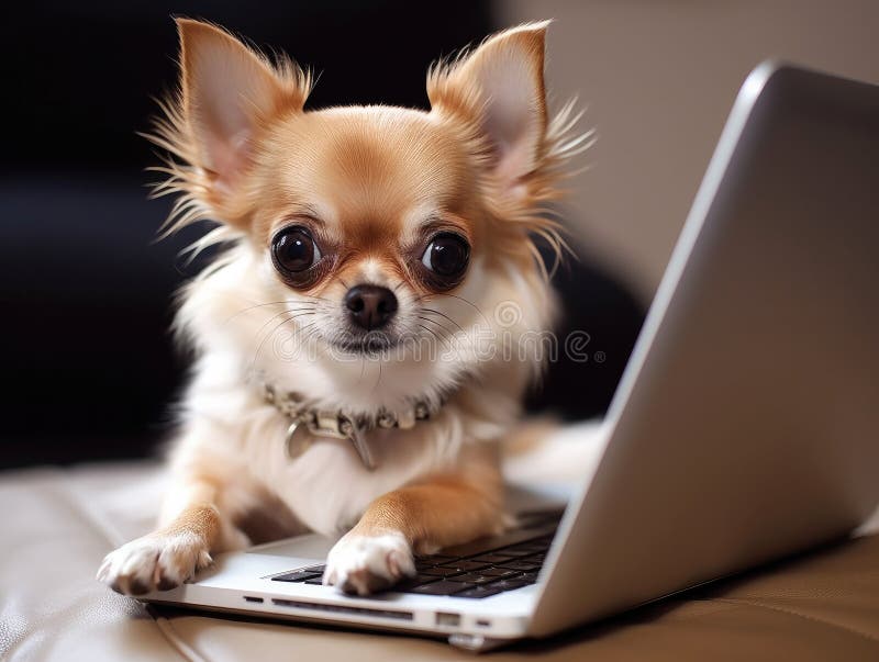 Cute Dog Working at Home Office on Computer Stock Illustration ...