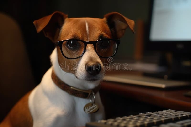 Cute Dog Working at Home Office on Computer Stock Illustration ...