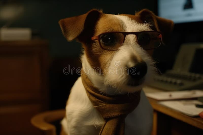 Cute Dog Working at Home Office on Computer Stock Illustration ...