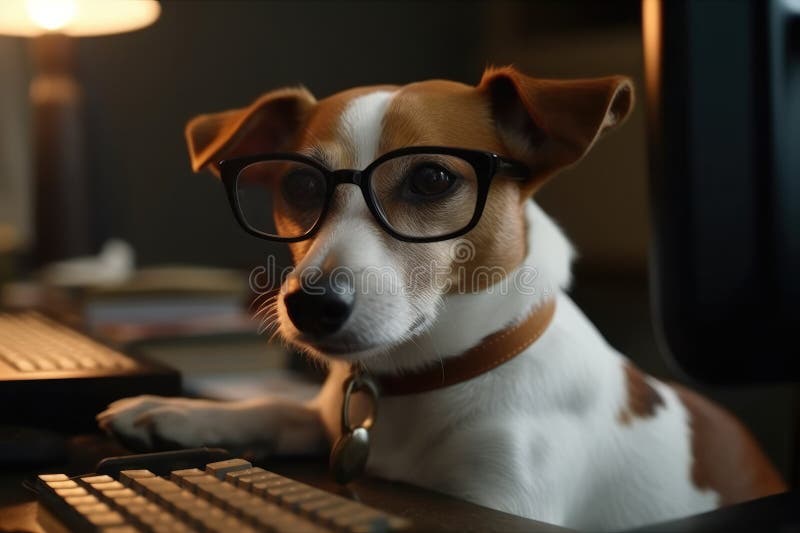 Cute Dog Working at Home Office on Computer Stock Illustration ...