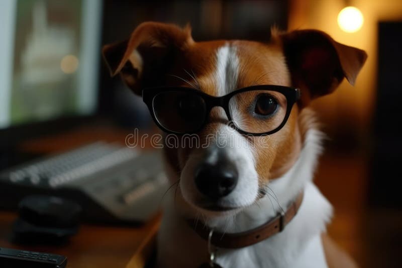 Cute Dog Working at Home Office on Computer Stock Illustration ...