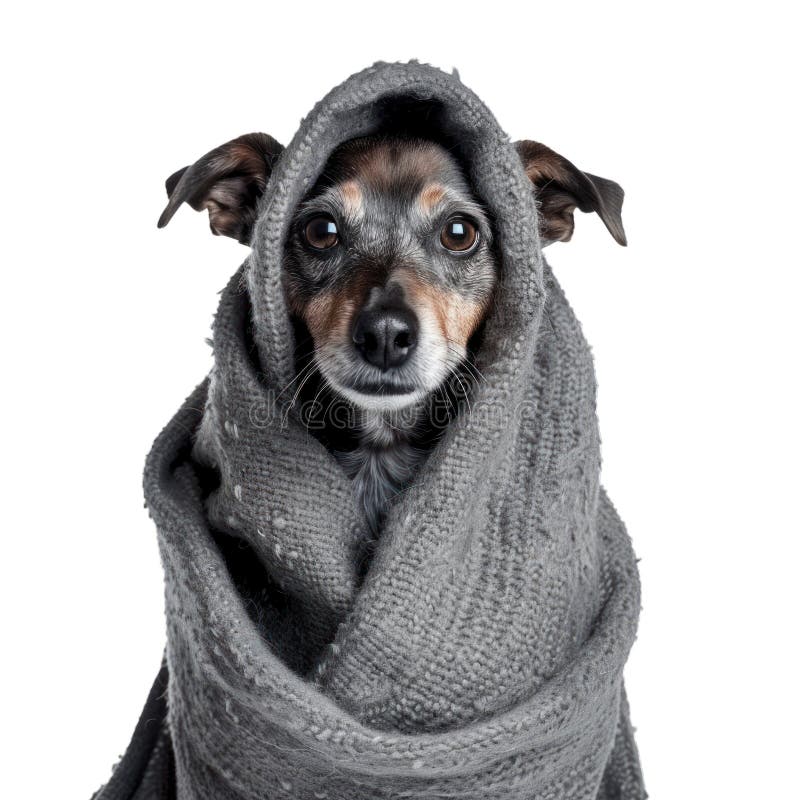 Cute Dog Wrapped in Blanket Looking at Camera Stock Photo - Image of ...
