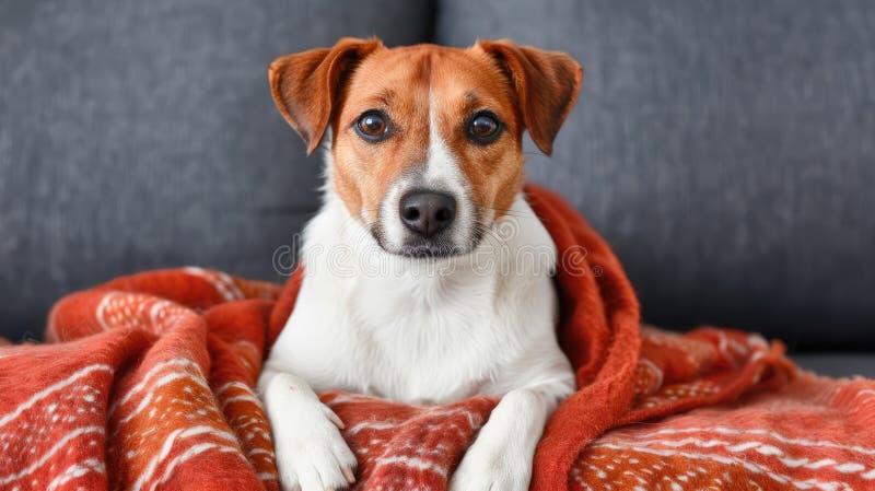 Cute Dog Wrapped in a Cozy Red Blanket. Stock Photo - Image of cute ...