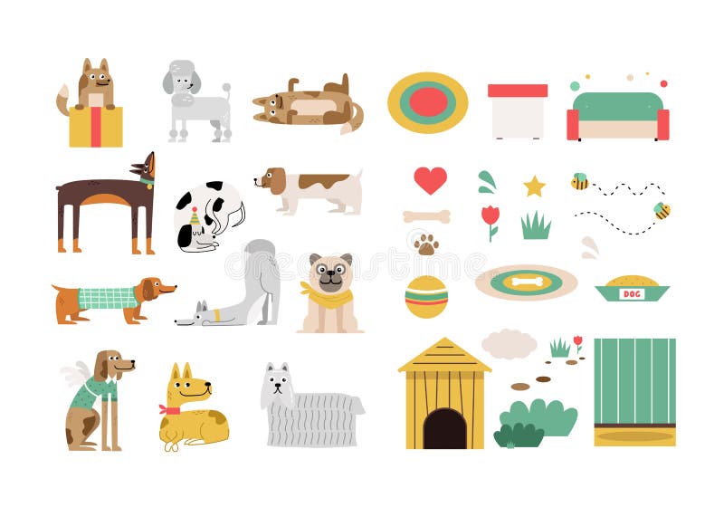 Cute Dogs Collection of Elements in Flat Style Vector Illustration ...