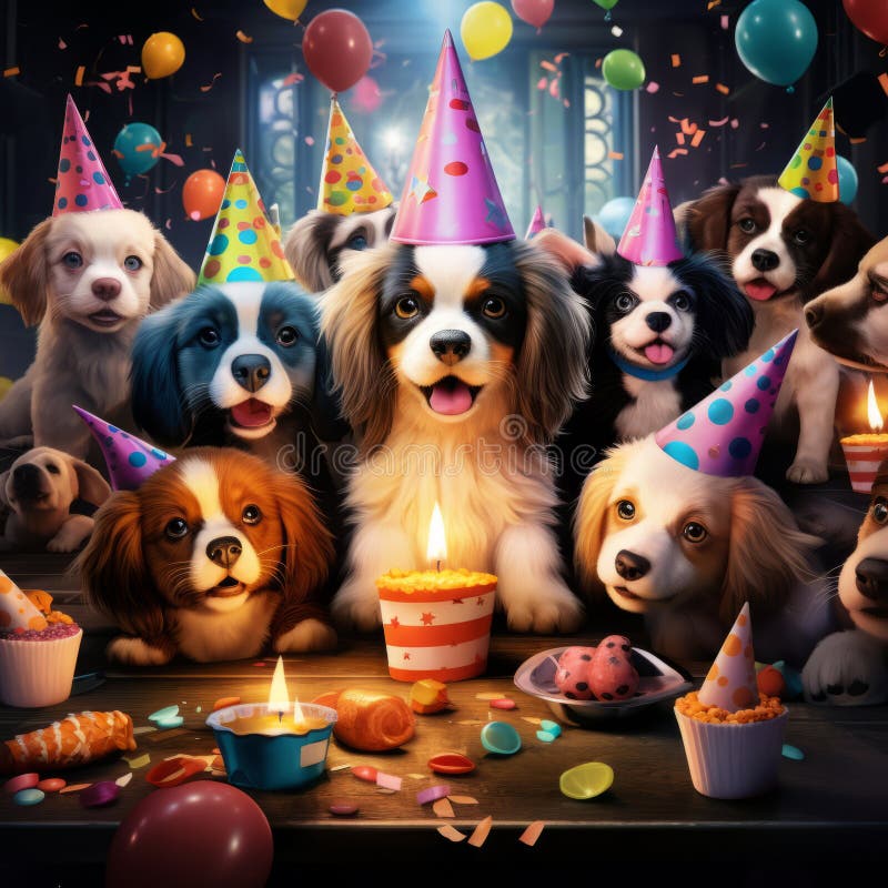 Cute Dogs with Party Hats and Birthday Cupcake Stock Illustration ...