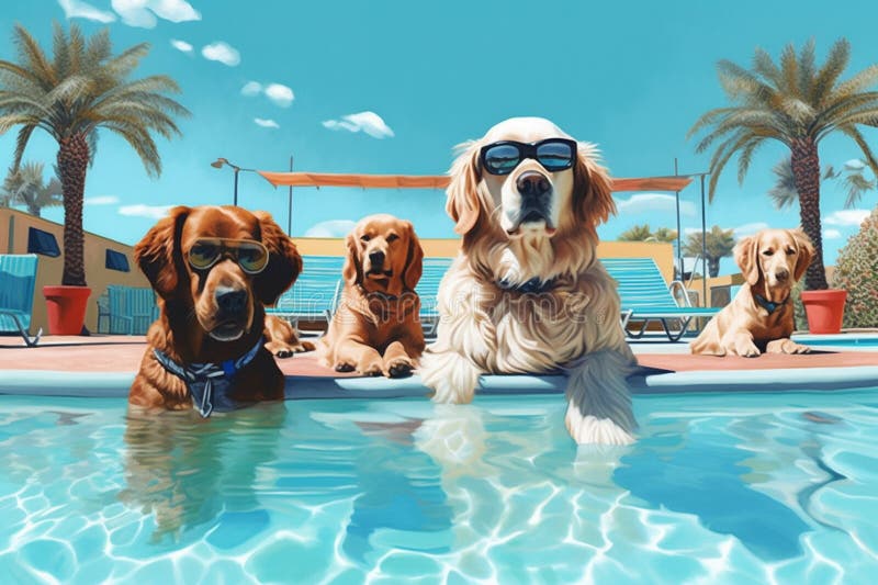 Cute Dogs at Pool Party Generative AI Stock Illustration - Illustration ...