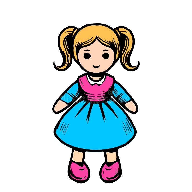 Cute Doll in a Beautiful Blue Dress. Icon Stock Vector - Illustration ...