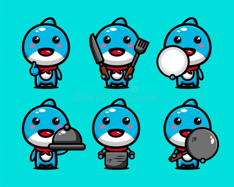 Cute Dolphins Fish Chef Character Design Set with Cooking Equipment ...