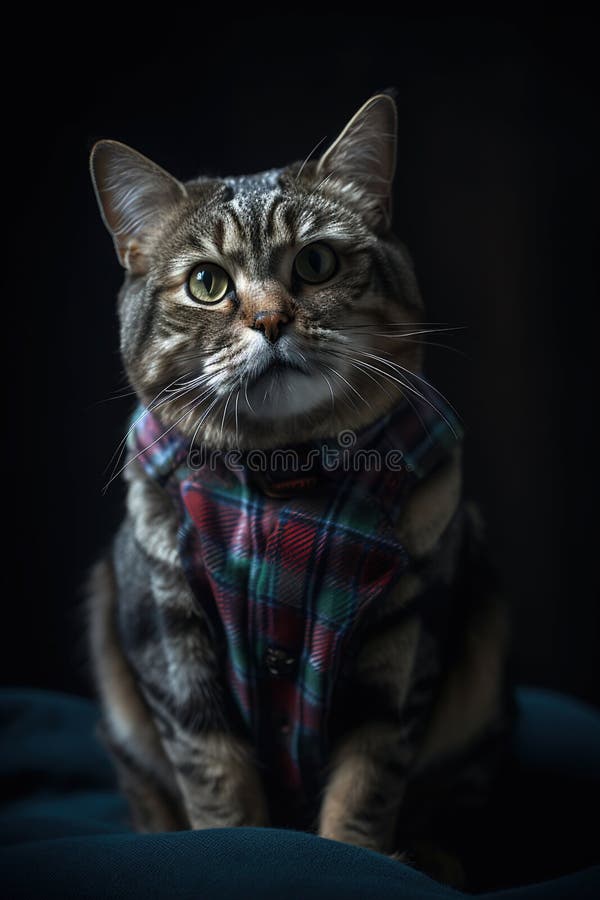 Cute Domestic Cat Wearing A Warm Checker Fleece Blanket Ai Generative