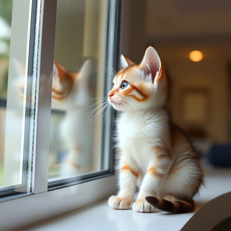 Cute Domestic Kitten Sits at Window Staring Outside Generative AI Stock ...