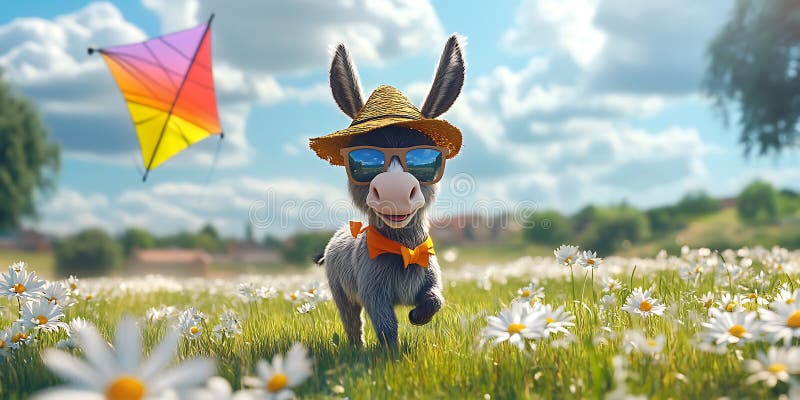 Cute Donkey in Field with Kite Adorable Animal Image Stock Illustration ...