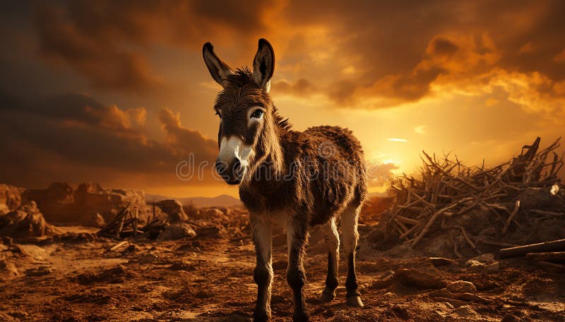 Cute Donkey Grazing in the Meadow at Sunset Generated by AI Stock Photo ...