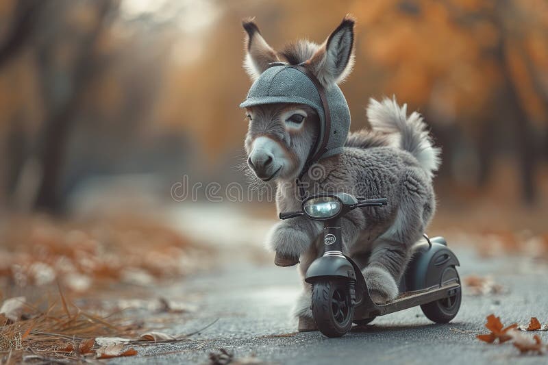 Cute Donkey Riding a Scooter in Autumn Stock Illustration ...