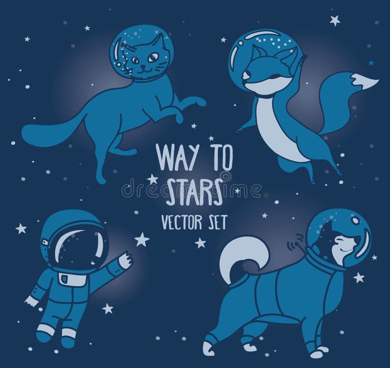 Cute Doodle Astronaut and Animal-astronauts and Retro Style Rocket ...