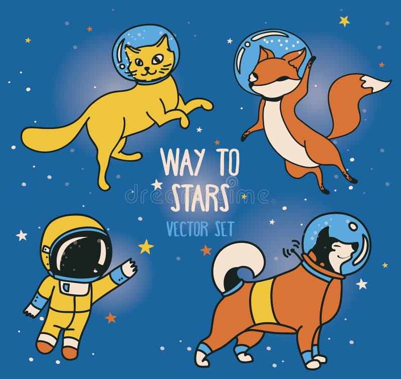 Cute Doodle Astronaut and Animal-astronauts and Retro Style Rocket ...