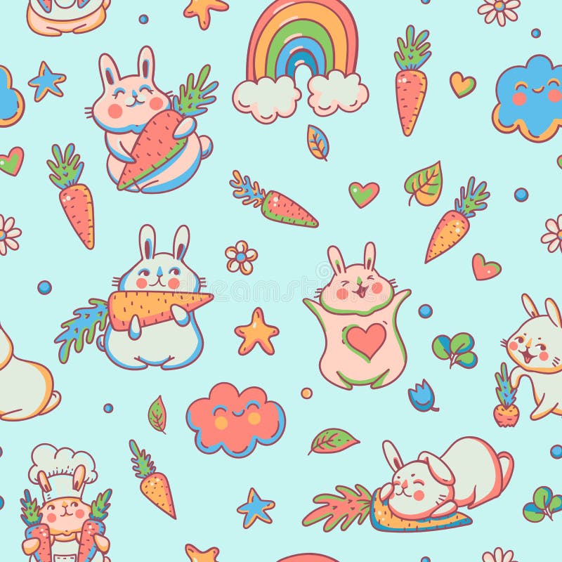 Cute Doodle Bunny with Rainbow Seamless Pattern Stock Illustration ...