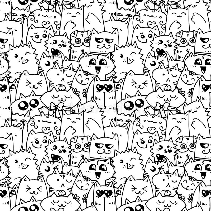 Cute Doodle Cats Seamless Pattern. Great for Coloring Book, Wrapping ...