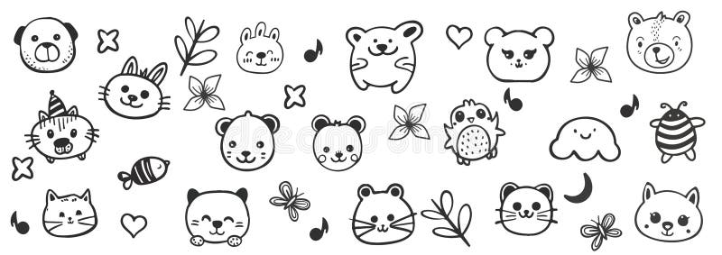 Cute Doodle Icon Set, Vector Cartoon Baby Adorable Animals Sticker ...