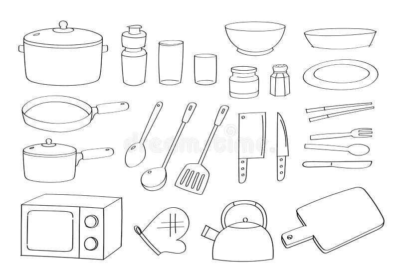 Cute Doodle Kitchenware Cartoon Icons and Objects. Kitchen Appliances ...