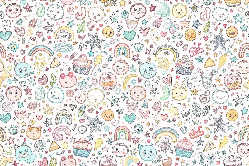 Cute Doodle Pattern with Pastel Colors on White Background Stock ...