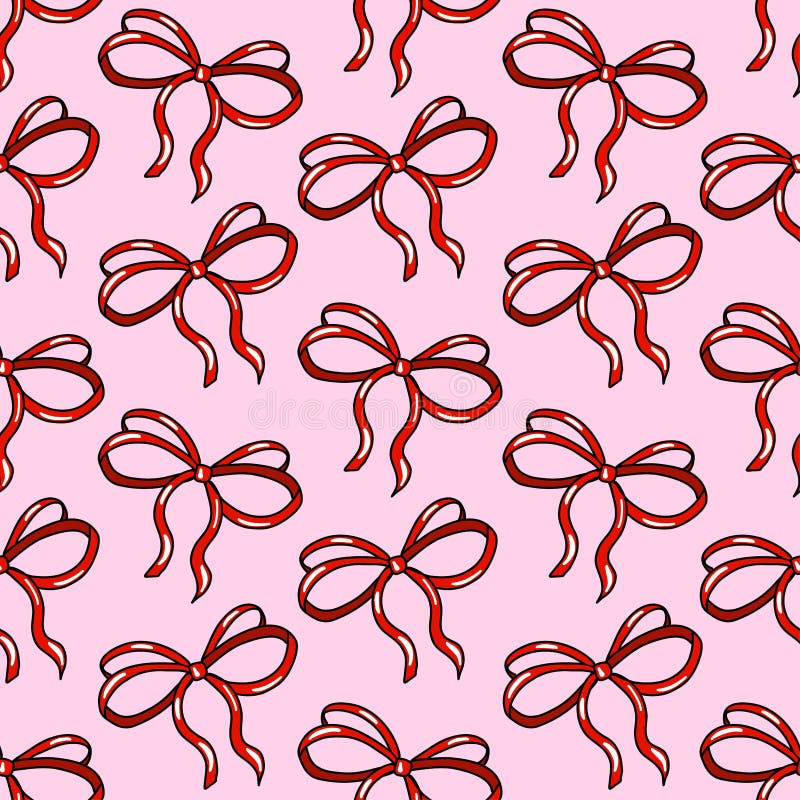 Cute Doodle Seamless Pattern with Beautiful Hand-drawn Red Bow Stock ...