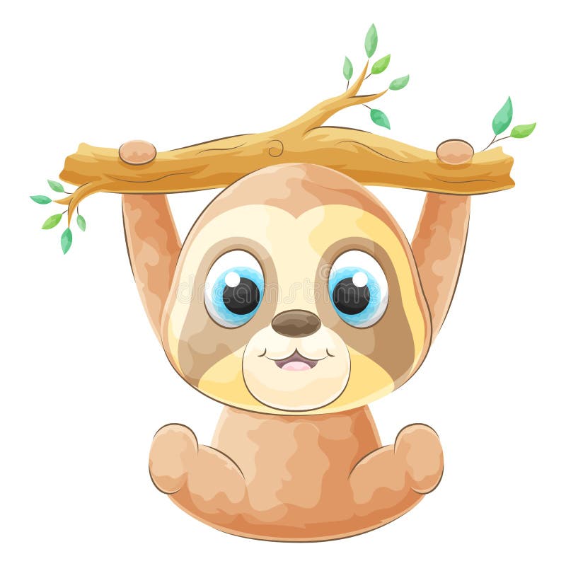 Cute Doodle Sloth Swinging on a Tree Branch with Watercolor ...