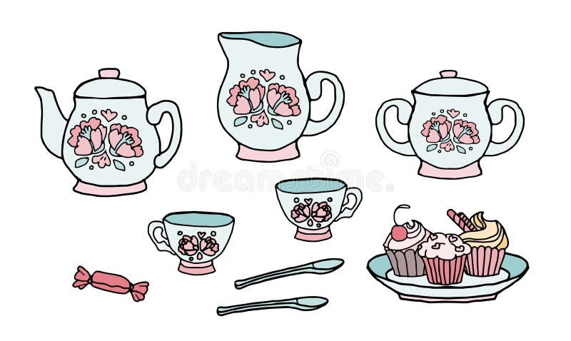 Cute doodle tea time set. stock vector. Illustration of doodle - 184703466