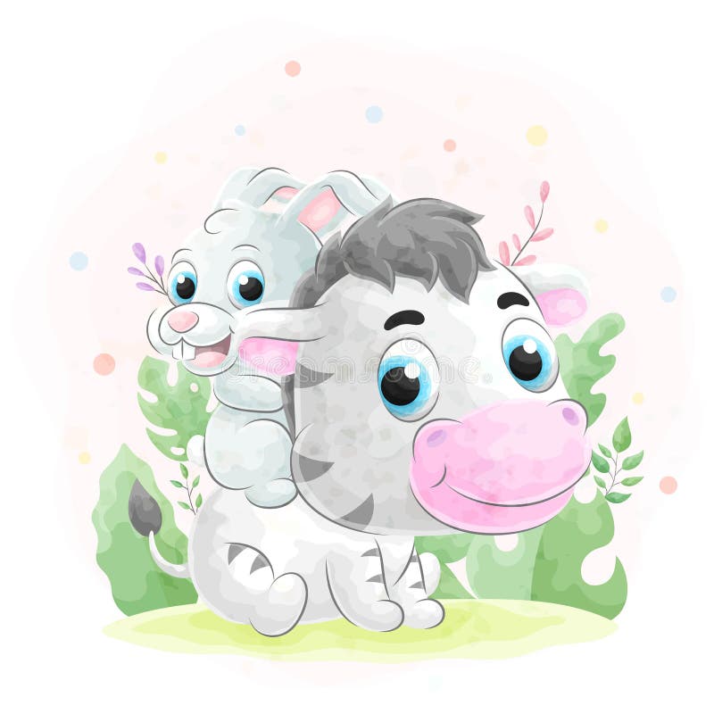 Cute Doodle Zebra and Rabbit with Watercolor Illustration Stock ...