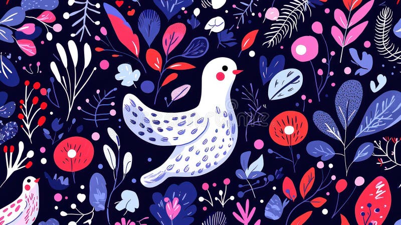 Seamless Pattern with Cute White Doves Floral Elements on a Dark Blue ...