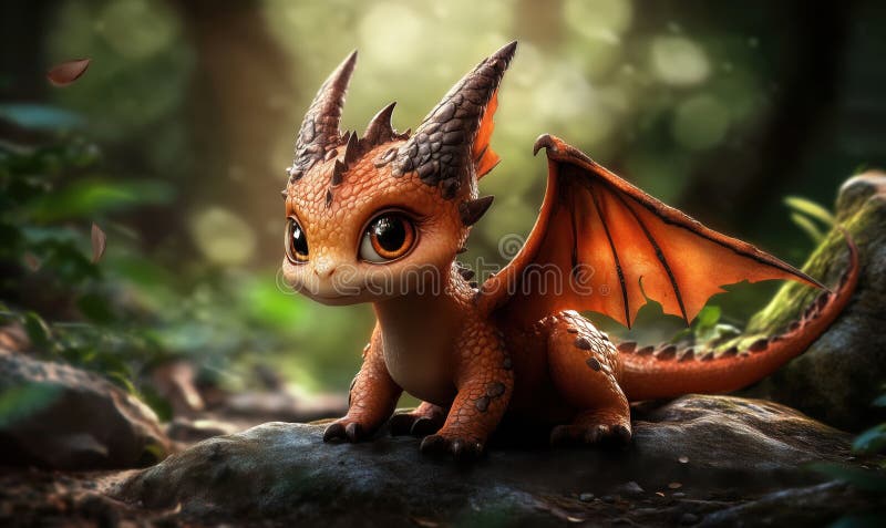 Cute Dragon Character in Forest Setting, Small Dragon with Orange Wings ...