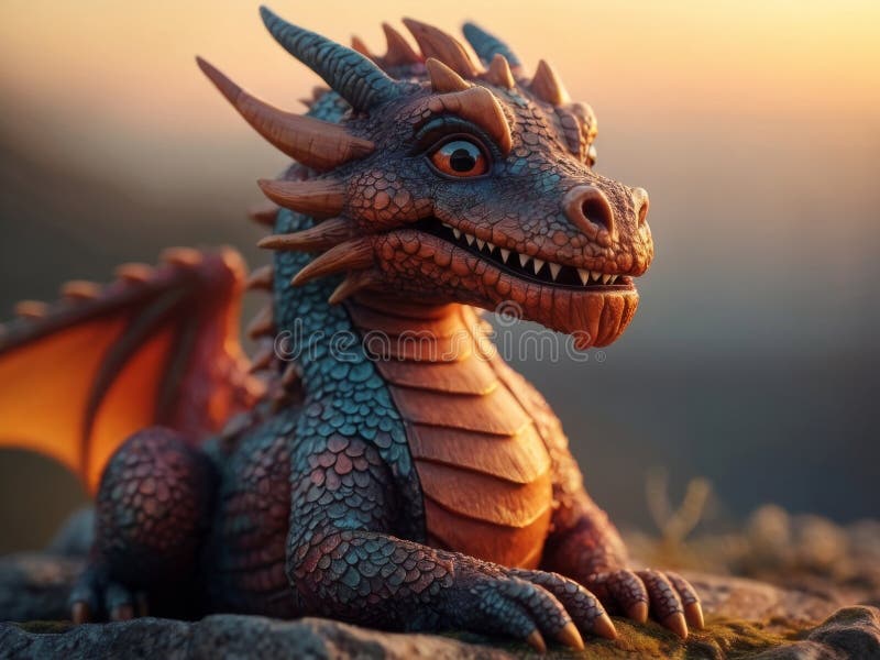 A Cute Dragon Illuminated by the Rising Sun. Stock Photo - Image of ...