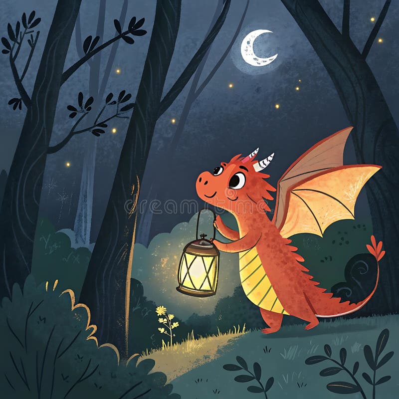 Cute Dragon with Lantern in a Mystical Night Forest , Stock ...