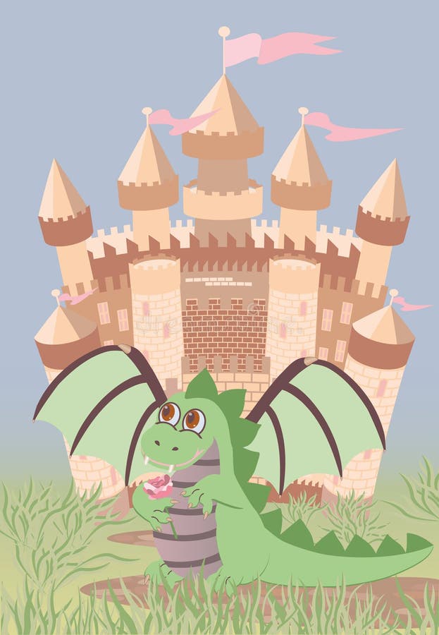 Magical Fairytale Red Dragon Near the Magic Castle Stock Illustration ...
