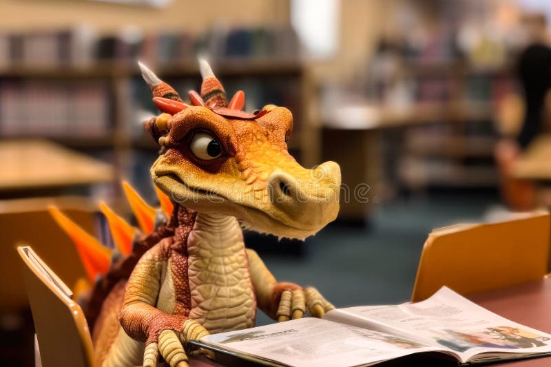 Cute Dragon Sitting Behind a Desk and Reading a Book in a Library ...
