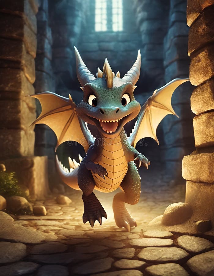 Cute Dragon, Smiling and Running through the Dungeons Stock ...