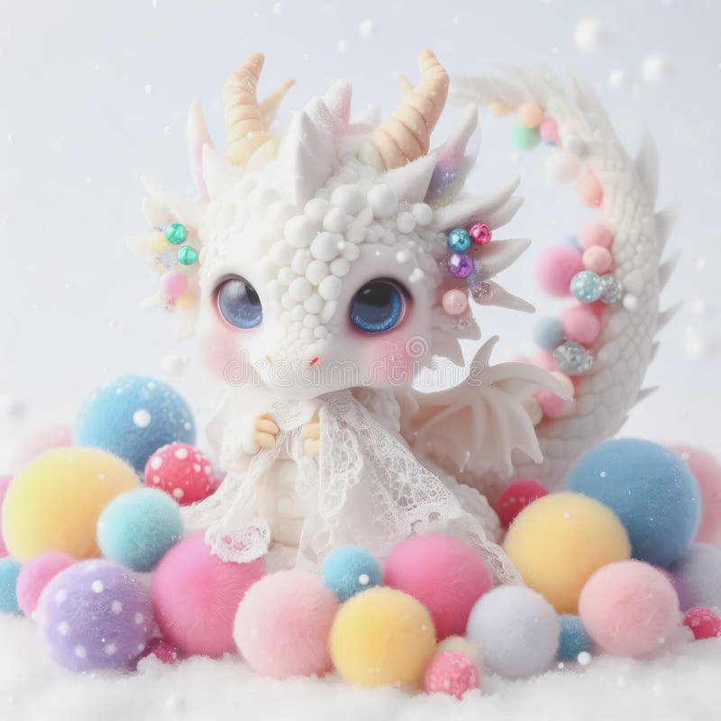 Cute Dragon in the Snow with Candy Pompons on White Background Stock ...