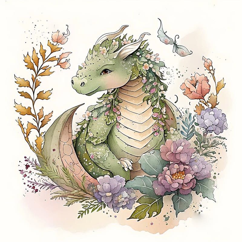 A Drawing of a Dragon with Flowers and Butterflies Stock Illustration ...