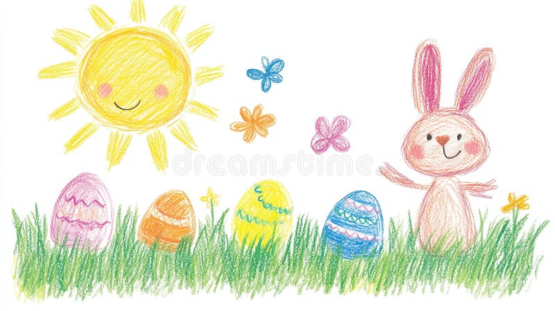A Cute Drawing Featuring a Bunny and an Easter Egg in a Vibrant Field ...