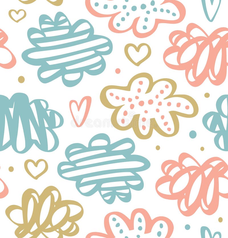 Cute Drawn Pattern with Clouds in Pastel Colors. Vector Drawn Texture ...