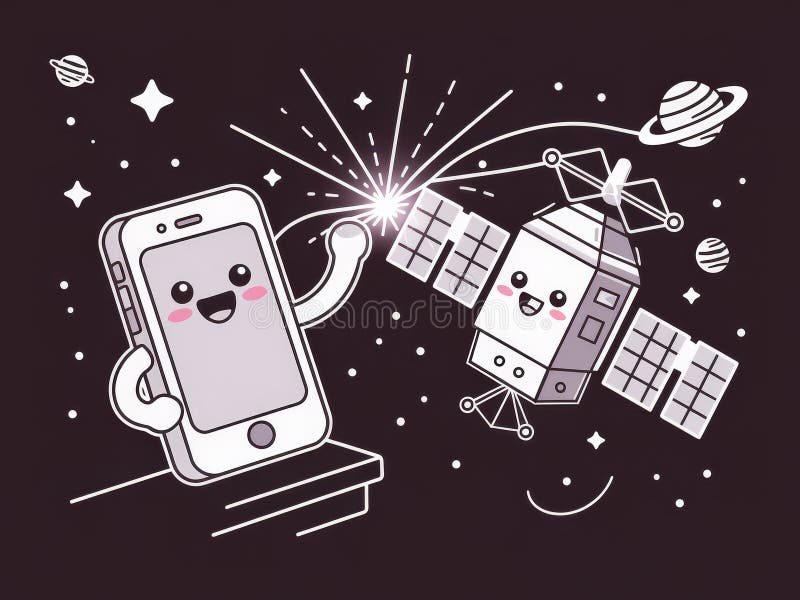 Cute Drawn Smartphone and Satellite in Space Sharing Data Connection ...