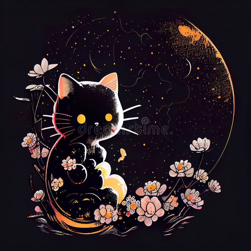 Cute Dream Cat Ink Illustration - Ai Generated Stock Illustration ...