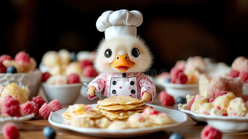 Cute Duck Chef Enjoys a Stack of Pancakes with Berries Stock ...