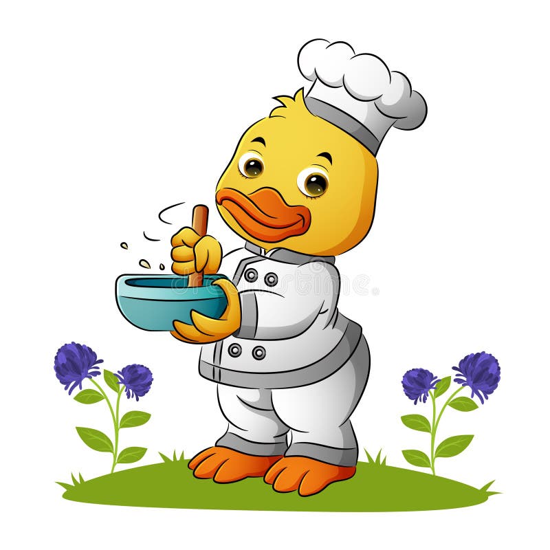 The Cute Duck Chef is String the Spoon in the Bowl Stock Vector ...