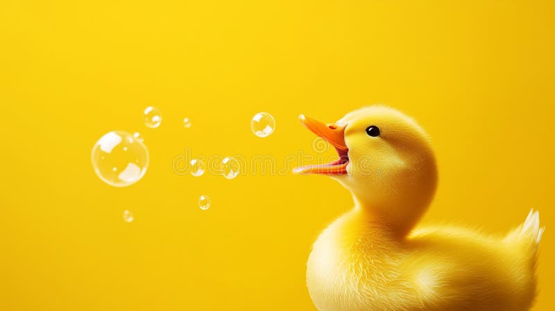 Cute Duck Playing with Bubbles in Bright Yellow Background Stock Photo ...