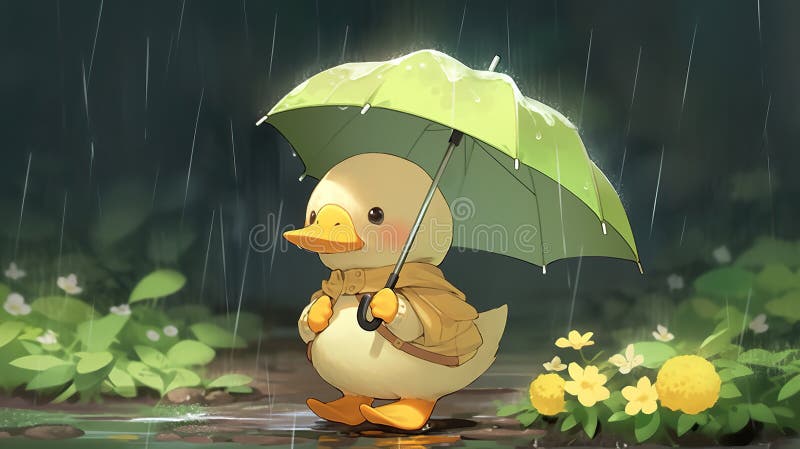 A Cute Duck with an Umbrella, Anime Version Stock Illustration ...