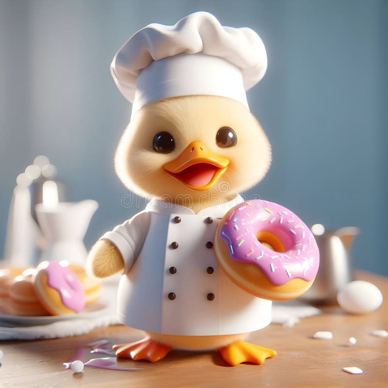 A Cute Duck Wearing a Chef Uniform Holding a Donut. Illustration Stock ...